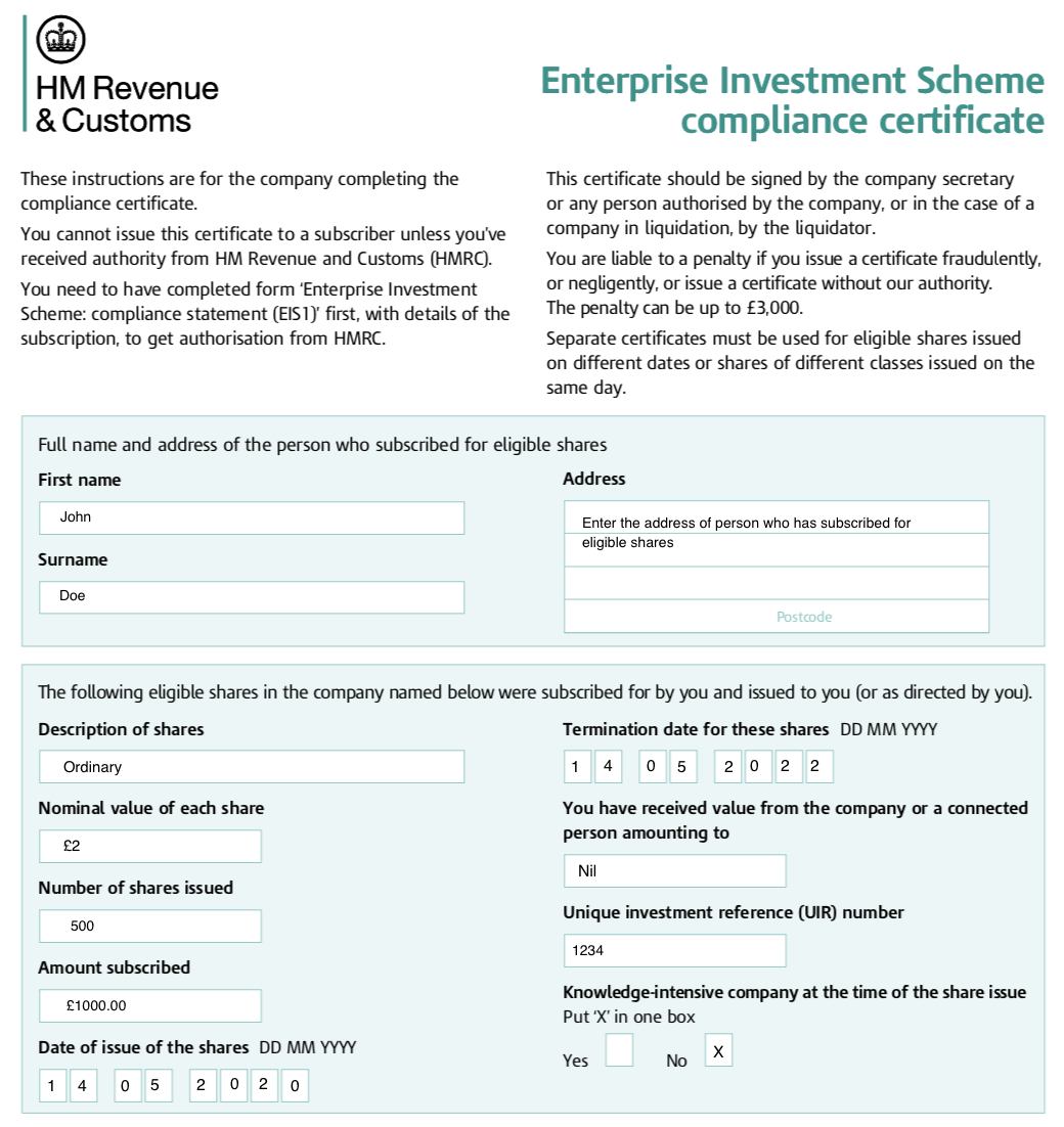 A step-by-step guide to completing an EIS Certificate